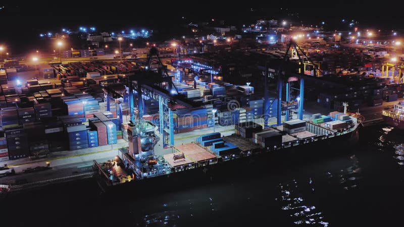 AERIAL Container Ships are in the Port at the Quay Wall at Night Stock ...