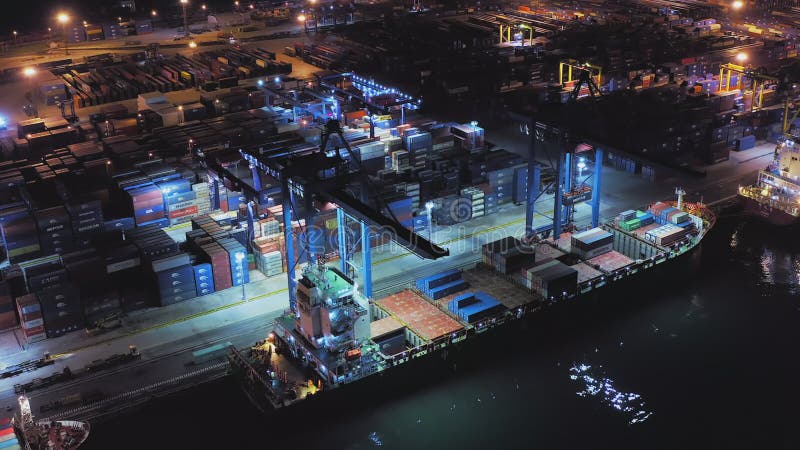 AERIAL Container Ships are in the Port at the Quay Wall at Night Stock ...