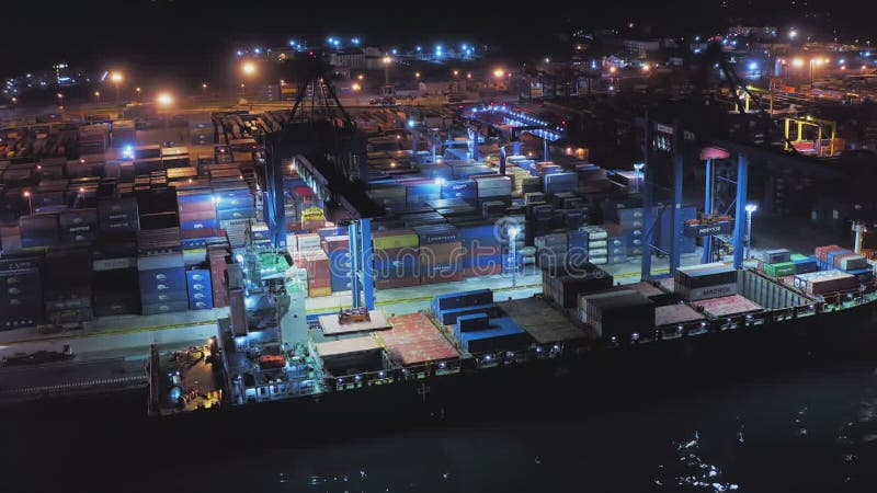 AERIAL Container Ships are in the Port at the Quay Wall at Night Stock ...
