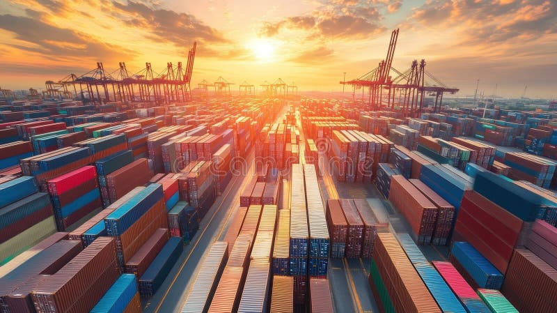 Container Shipyard at Sunset: Global Trade Hub with Intermodal ...