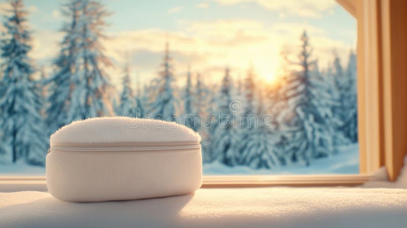 A Container of Snow Sitting on a Window Sill in Front of Trees, AI ...