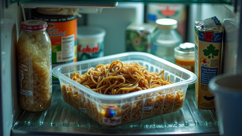 Container of Spaghetti Noodles in Refrigerator with Jars and Cartons ...
