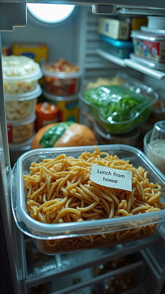 Container of Spaghetti in Refrigerator with Assorted Foods Stock Photo ...