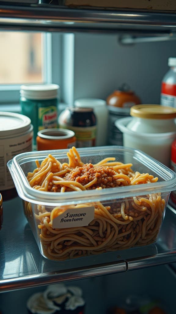 Container of Spaghetti with Sauce in Refrigerator Stock Photo - Image ...