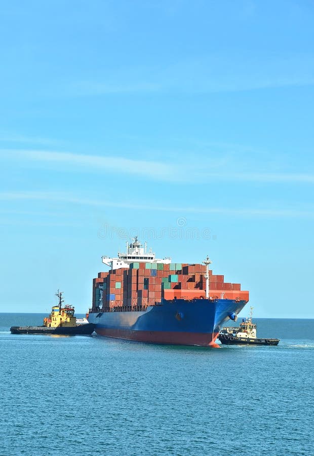 Container Stack, Ship and Tugboat Stock Photo - Image of davit, boat ...