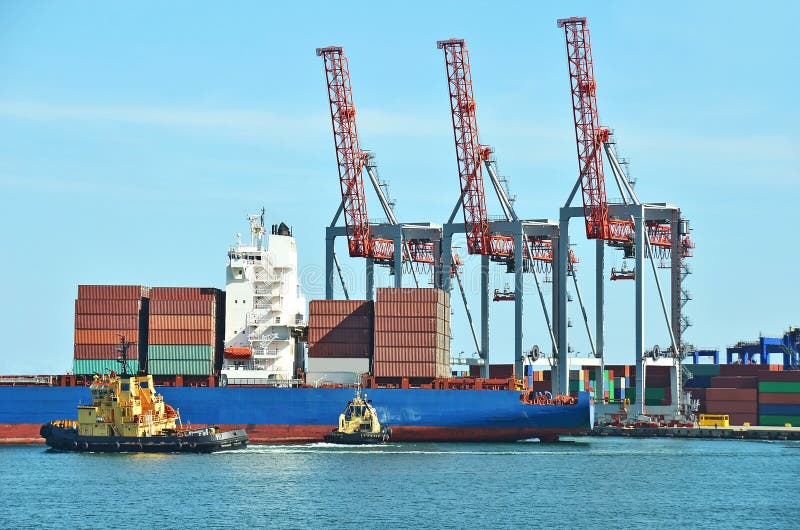 Container Stack, Ship and Tugboat Stock Photo - Image of safe, boat ...