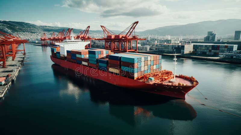 Container Stack and Ship Under Crane Bridge Stock Image - Image of ...