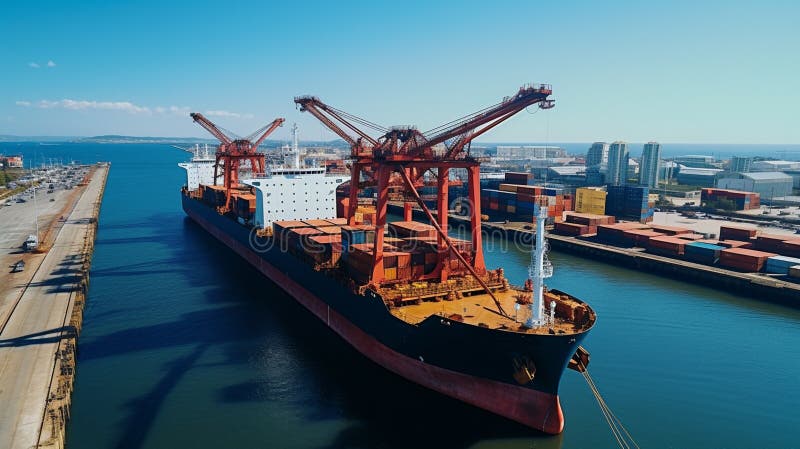 Container Stack and Ship Under Crane Bridge Stock Image - Image of ...
