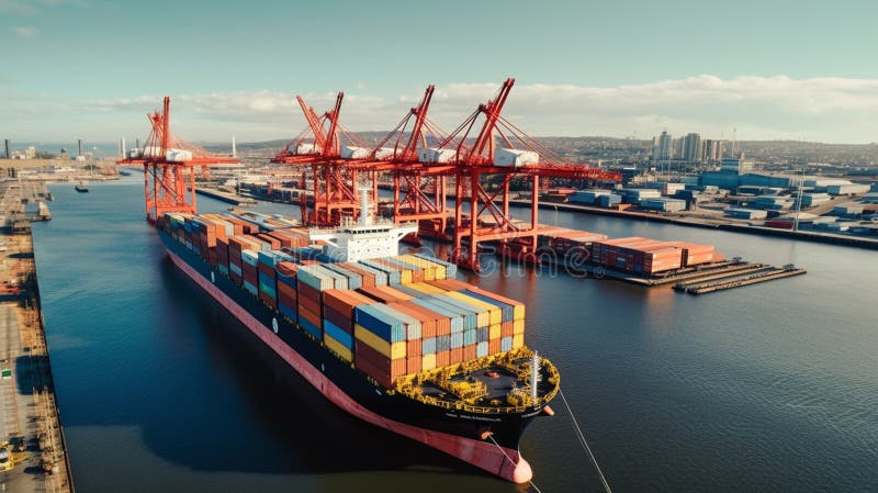 Container Stack and Ship Under Crane Bridge Stock Image - Image of ...