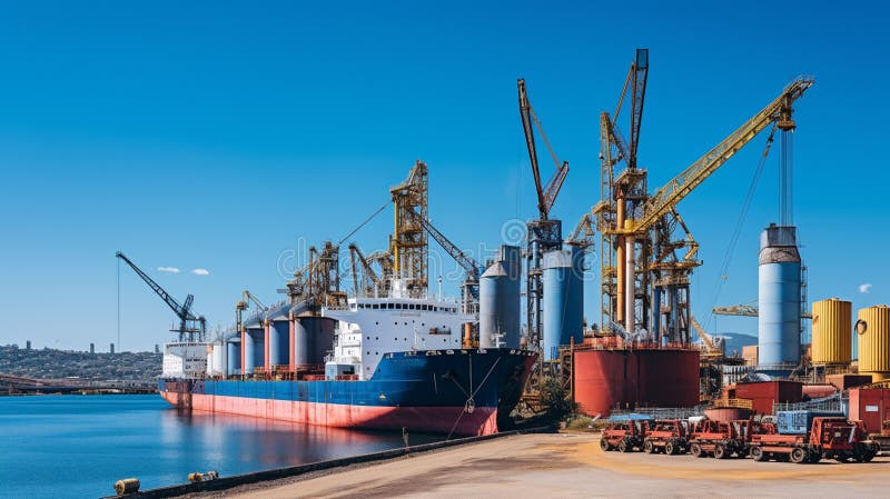 Container Stack and Ship Under Crane Bridge Stock Image - Image of ship ...