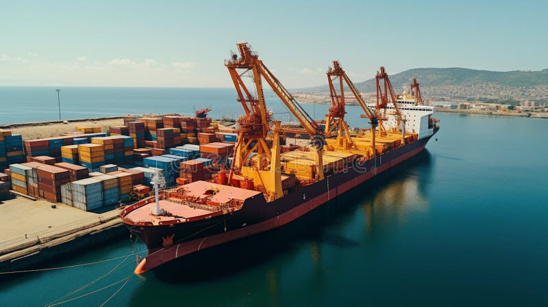 Container Stack and Ship Under Crane Bridge Stock Photo - Image of ...