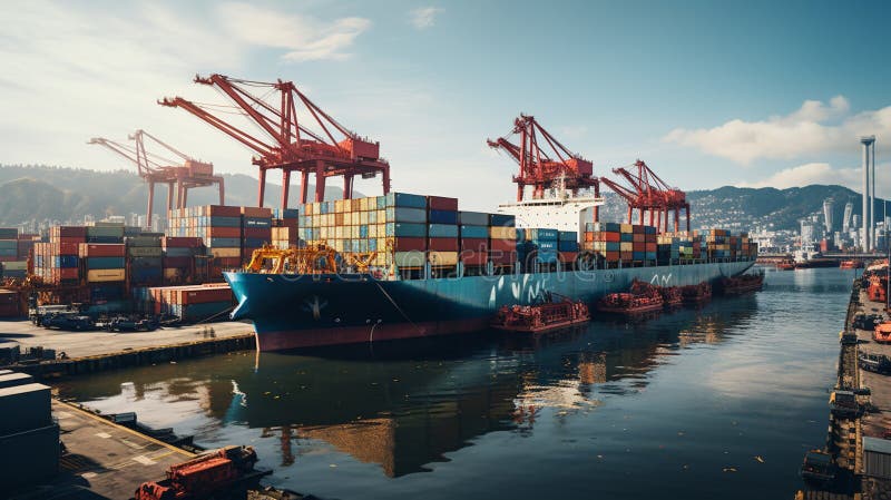 Container Stack and Ship Under Crane Bridge Stock Photo - Image of dock ...