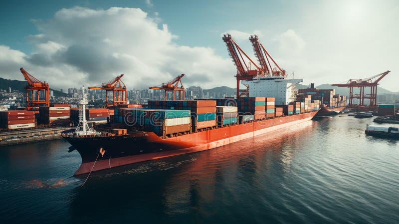 Container Stack and Ship Under Crane Bridge Stock Image - Image of ...