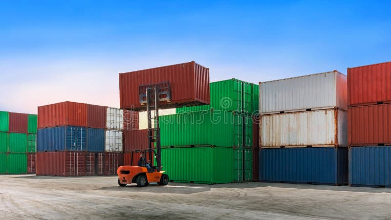 Container Stacking Cargo with Forklift Truck Working in Shipping Harbor ...