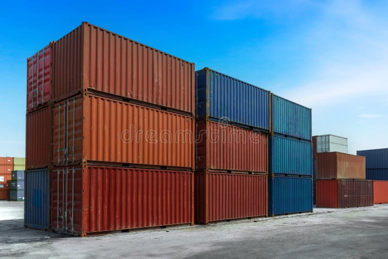 Container Stacking Cargo with Forklift Truck Working in Shipping Harbor ...