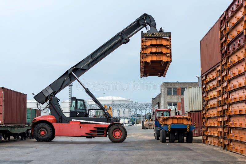 Container Stacking Cargo with Trailer Transport Truck Working in ...
