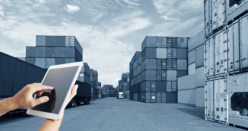 Container Storage Depot Yard in Blue Tone with People Hand on Using ...