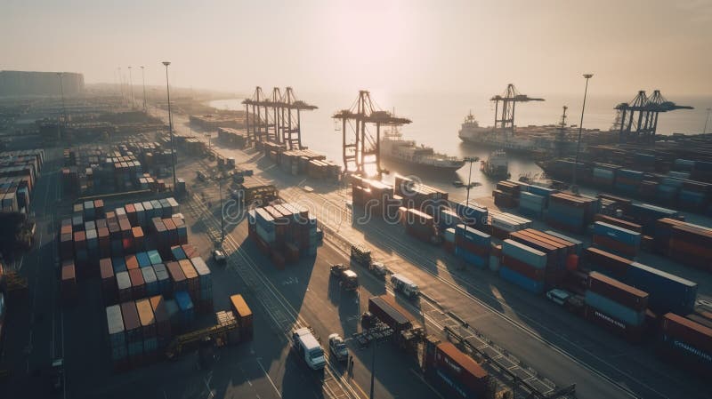 Container Terminal in a Busy Harbor. Generative Ai Stock Illustration ...