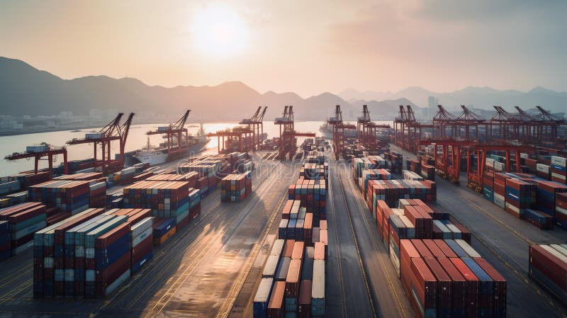 Container Terminal in a Busy Harbor. Generative Ai Stock Illustration ...