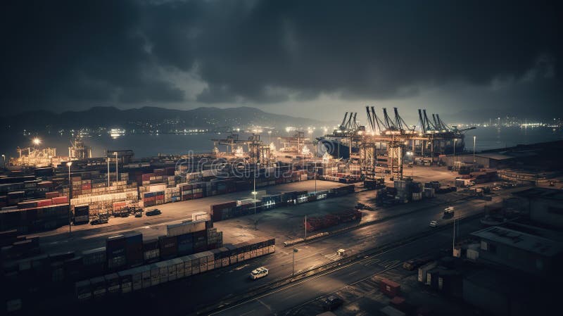 Container Terminal in a Busy Harbor. Generative Ai Stock Illustration ...