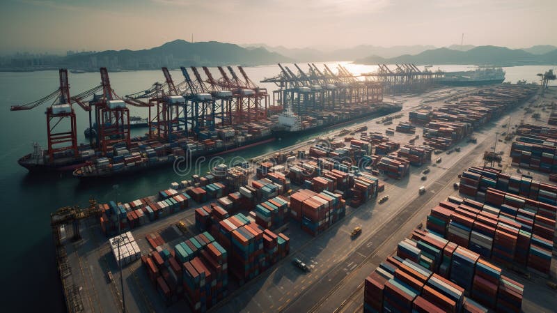 Container Terminal in a Busy Harbor. Generative Ai Stock Illustration ...