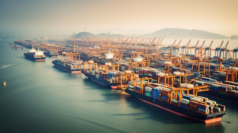 Container Terminal in a Busy Harbor. Generative Ai Stock Illustration ...