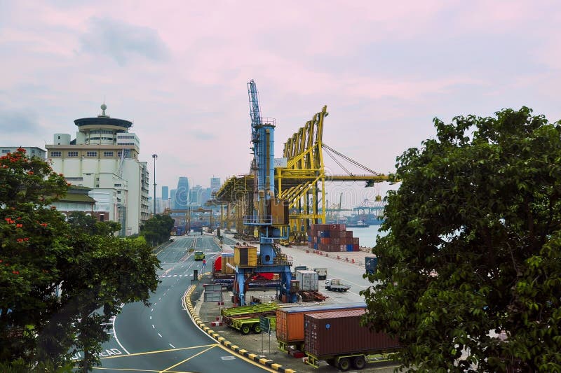 Container Terminal with Cranes Stacked Containers Empty Road Under ...