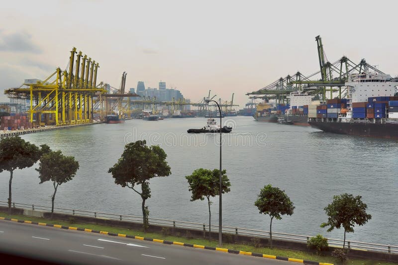 Container Terminal with Cranes Stacked Containers Empty Road Under ...