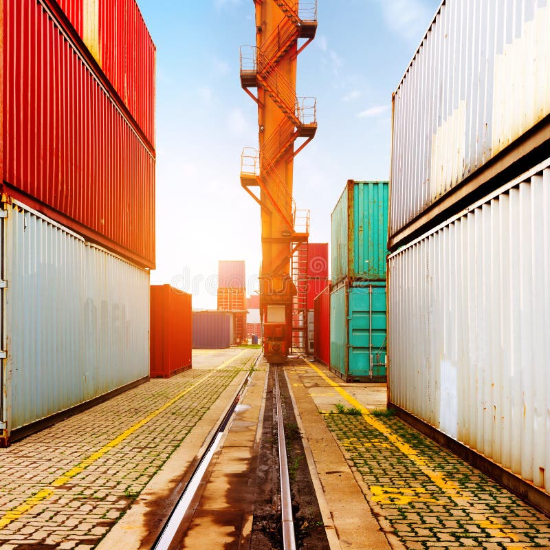 The Container Terminal at Dusk Stock Photo - Image of equipment ...