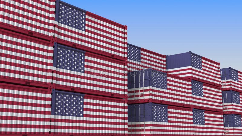 Container Terminal Full of Containers with Flag of the USA. American Export or Import Related 3D ...