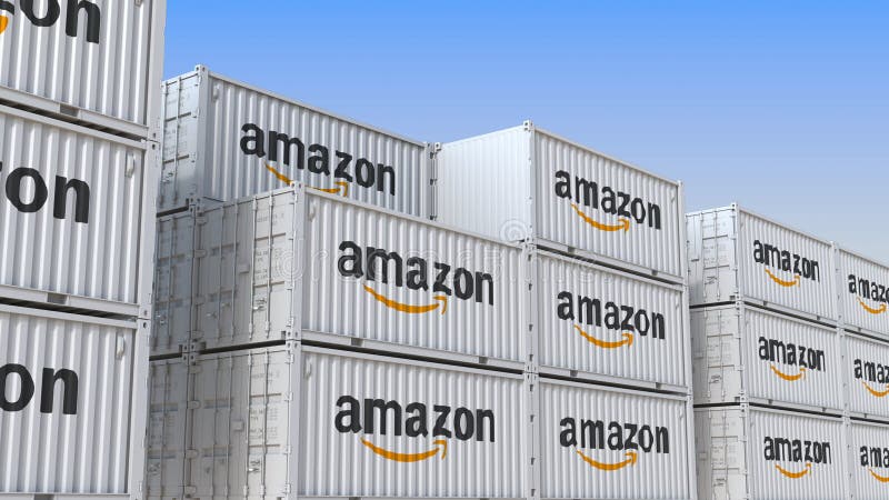 Container Yard Full of Containers with Logo of Amazon. Shipment, Export ...