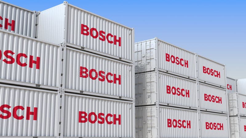 Container Yard Full of Containers with Logo of Bosch. Shipment, Export ...