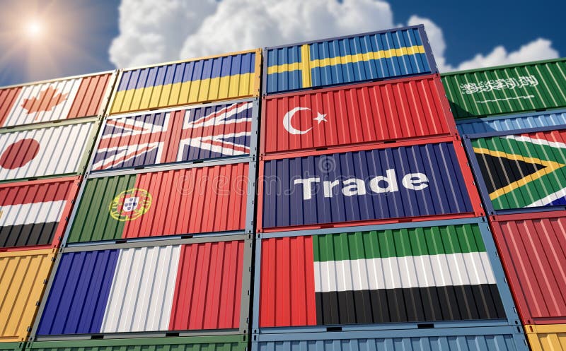 Container Terminal - Freight Container with Different National Flag ...
