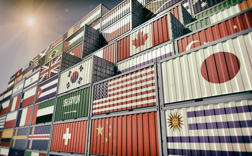 Container Terminal - Freight Container with Different National Flag ...