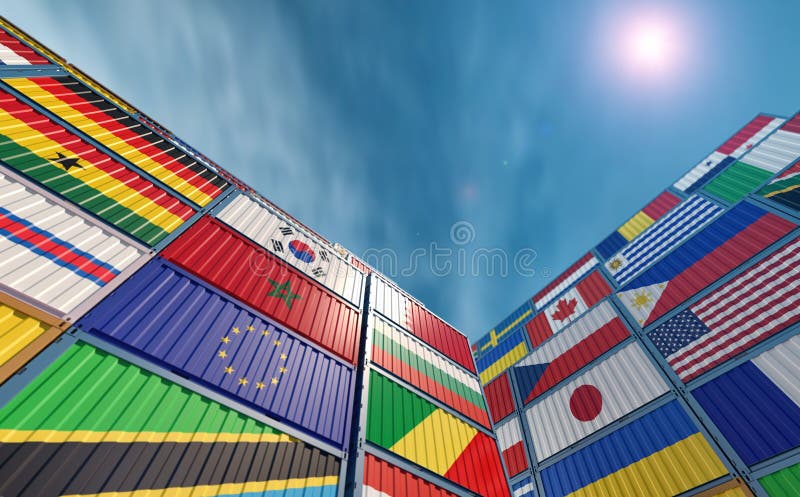 Container Terminal - Freight Container with Different National Flag ...