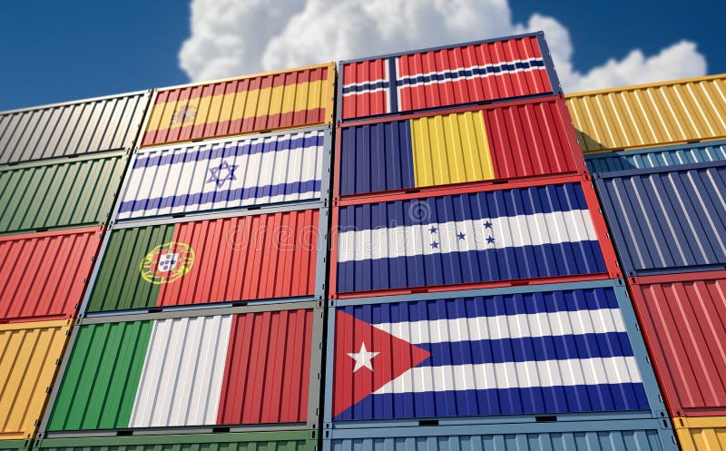 Container Terminal - Freight Container with Different National Flag ...