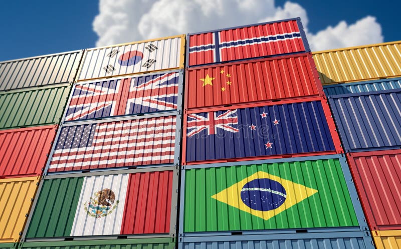 Container Terminal - Freight Container with Different National Flag ...