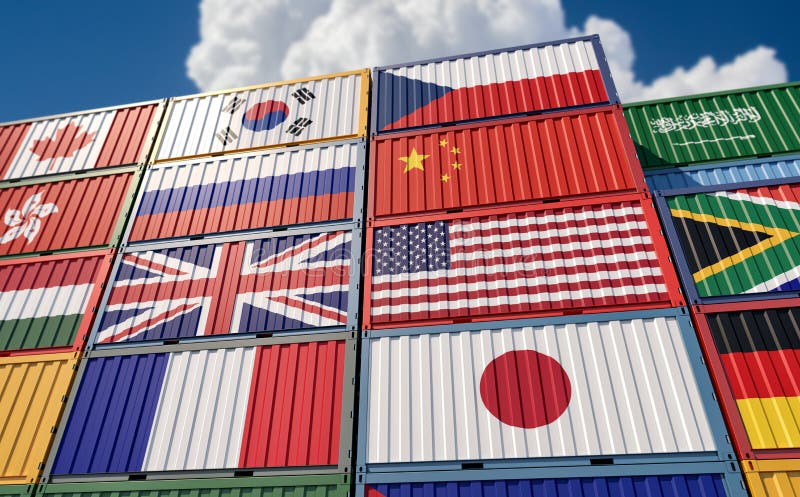 Container Terminal - Freight Container with Different National Flag ...