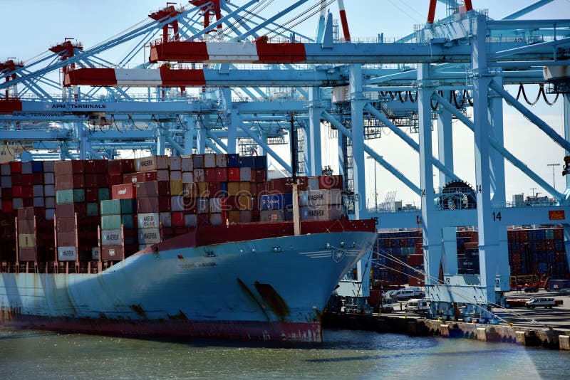 Container Terminal In Newark With Berthed Ship Owned By Maersk Line