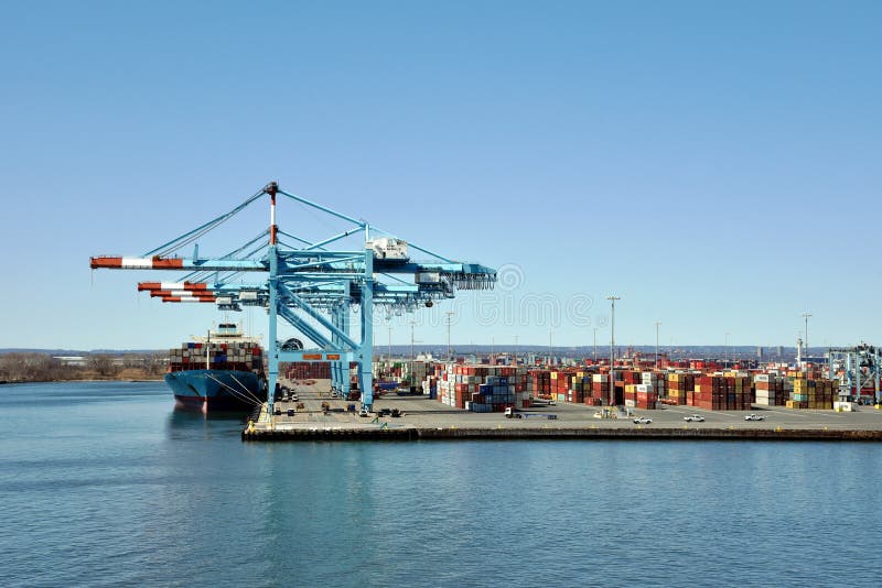 Container Terminal In Newark With Berthed Ship Owned By Maersk Line