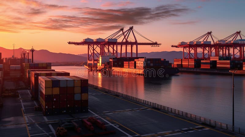 Container Terminal in the Port at Sunrise. Generative Ai Stock ...