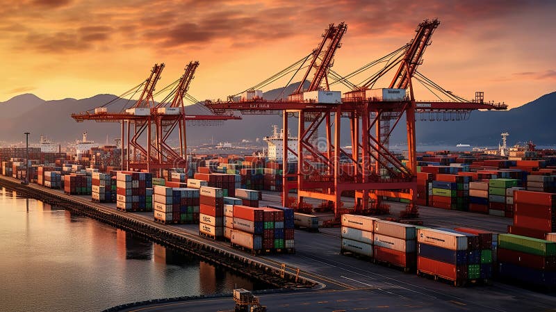 Container Terminal in the Port at Sunrise. Generative Ai Stock ...