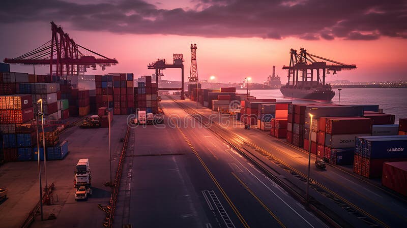 Container Terminal in the Port at Sunrise. Generative Ai Stock ...