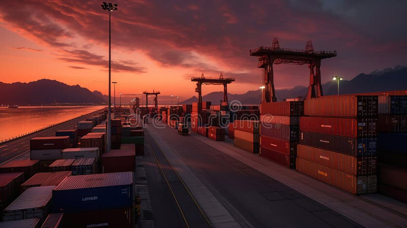 Container Terminal in the Port at Sunrise. Generative Ai Stock ...