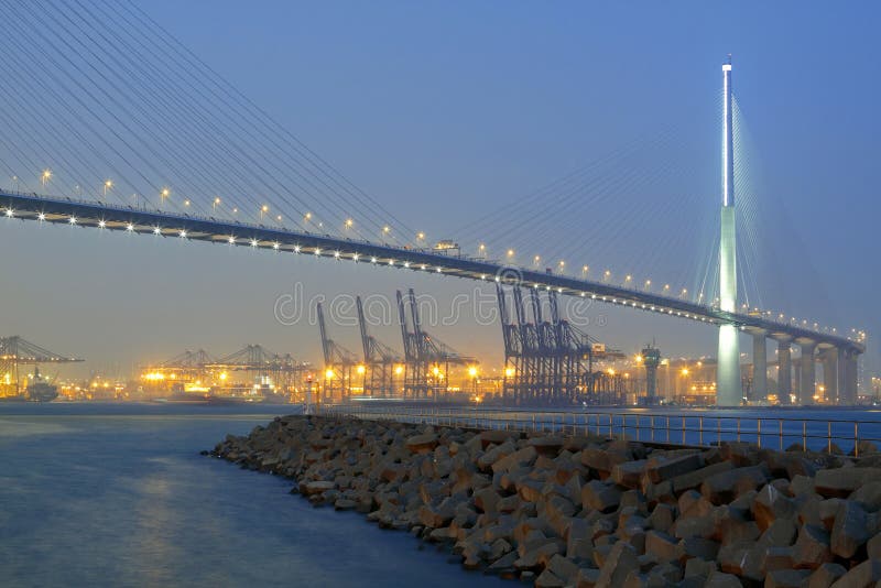 Container Terminal and Stonecutter Bridge Stock Photo - Image of goods ...