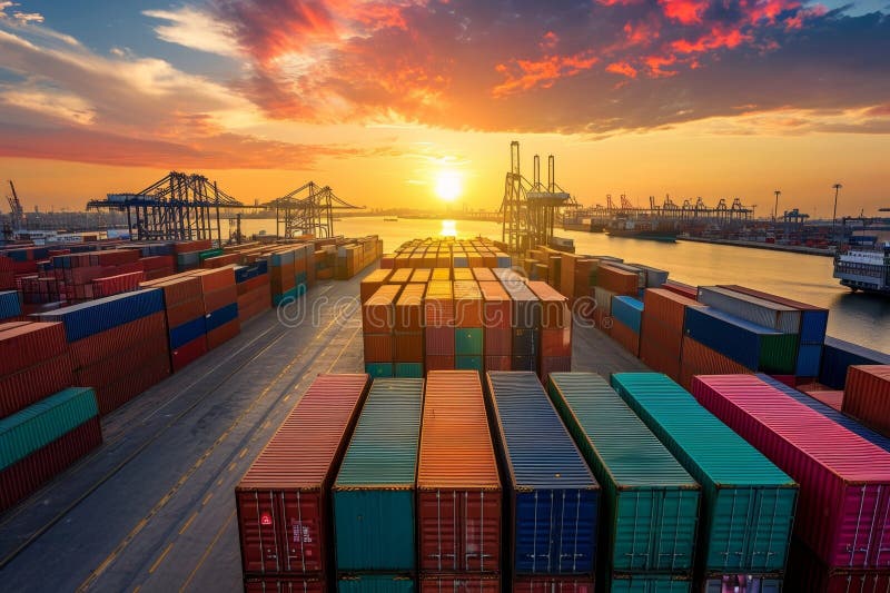 Container Terminal at Sunset. Stock Photo - Image of commerce ...
