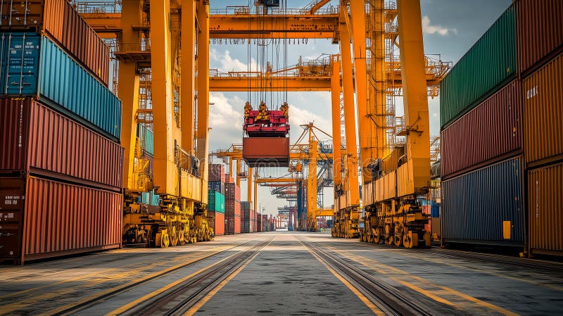 Container Terminal with Towering Yellow Gantry Cranes Lifting and ...