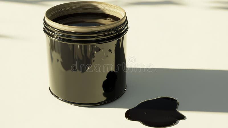 A Container of Thick Black Paint Spills Slightly Onto a White Surface ...