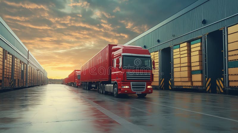 Container Trailer Trucks Parked Loading at Dock Warehouse. Delivery ...