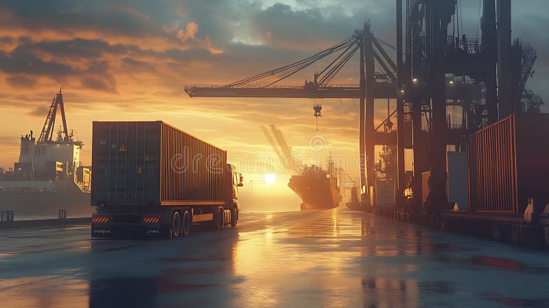 Container Truck at Busy Ship Port for Global Logistics Stock Photo ...